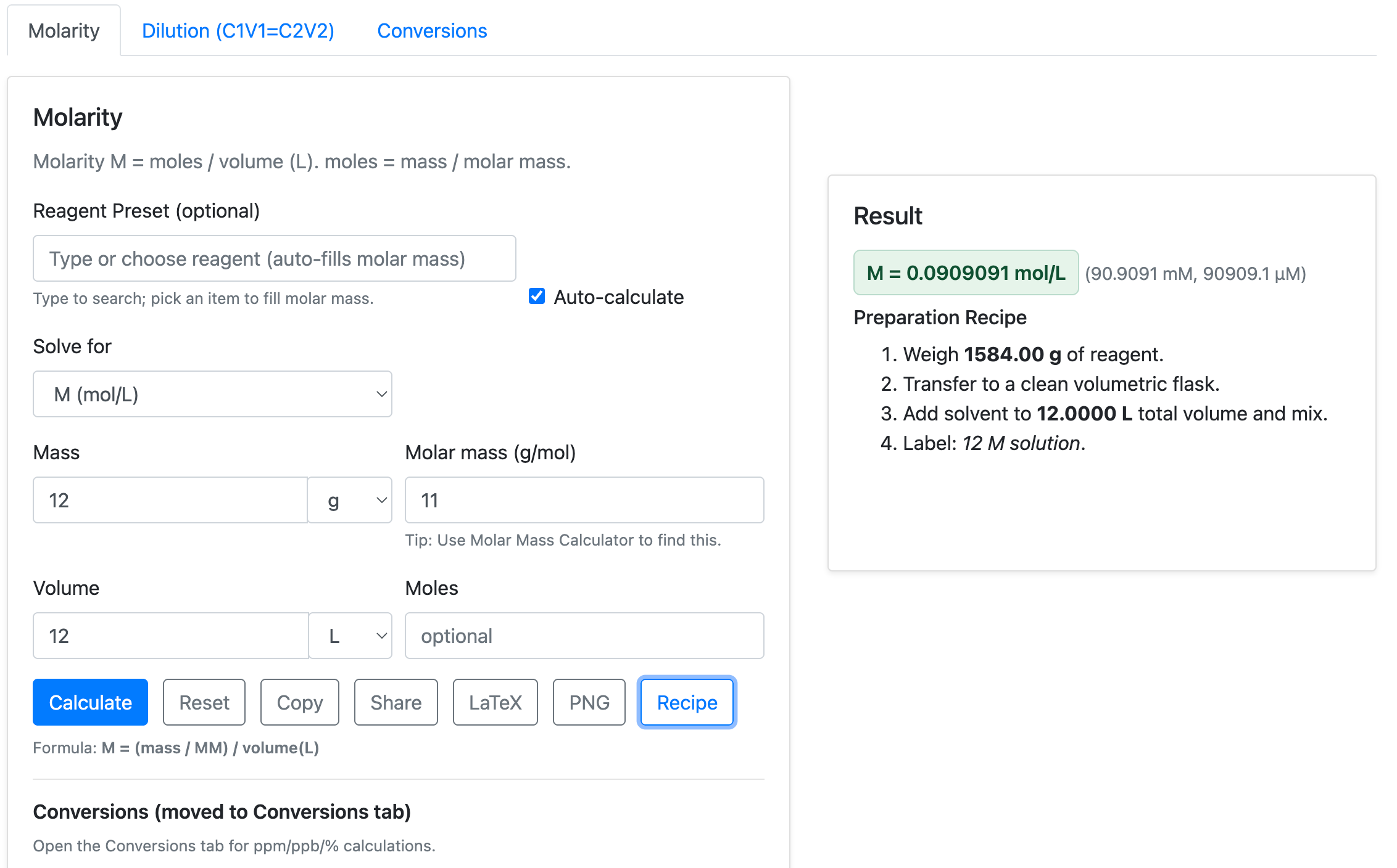 Molarity Calculator (M, mol/L) + Dilution (C1V1=C2V2) | Free Online ...